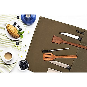 Knife Roll Portable Bag Travel Carrier Bag with 7 Slots Kitchen Cooking Tools And Utensils Wrap Bag Wallet Multi-Purpose Brush Roll Bag (Olive, Canvas)