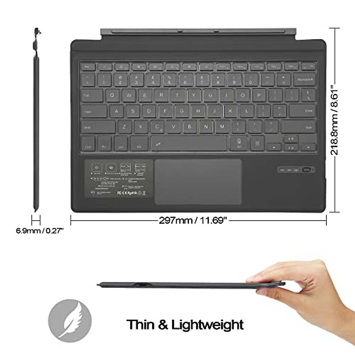 Qulose Surface Pro Keyboard Case, 7 Color Backlight Detachable Keyboard with Trackpad, Case with Keyboard for Microsoft Surface Pro 7+/ 7/6 / 5/4 / 3 Tablet - Grey