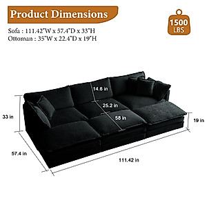 111.42" Deep Seat Sectional Cloud Sofa Sleeper with 3 Ottomans & Soft Pillows, 6 Seater Modular Couch Bed for Living Room, Apartment, Black Chenille