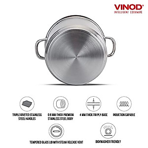 Vinod 6 Liters/6.3 Quartz Stockpot Stainless Steel With Tempered Glass Lids | Dishwasher Safe | Large Cooking Pot For Indian Food, Soup, Stew | Induction-Ready | 22cm | Food Grade Stainless Steel