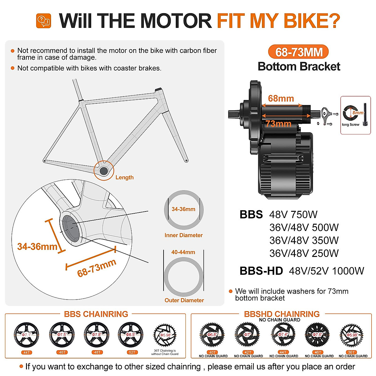 BAFANG BBS02B Mid Drive Kit : 48V 750W BBS02 Mid Motor with 500C Display 36T Chainring, Electirc Bike Conversion Kit for BB 68 73 mm, 8fun Ebike Central Mounted Engine (No Battery)