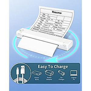 Odaro White M08F Letter Portable Printer for Travel with 200 Sheets Continual Thermal Paper 8.5" X 11" Letter Size