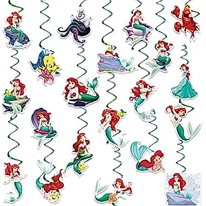 30PCS Little Mermaid Ariel Hanging Swirls, Cartoon Mermaid Ariel Whirls Glitter Foil Ceiling Swirls Streamers Decorations, Little Mermaid Ariel Themed Party Supplies Favors for Boys and Girls Birthday Party Decorations