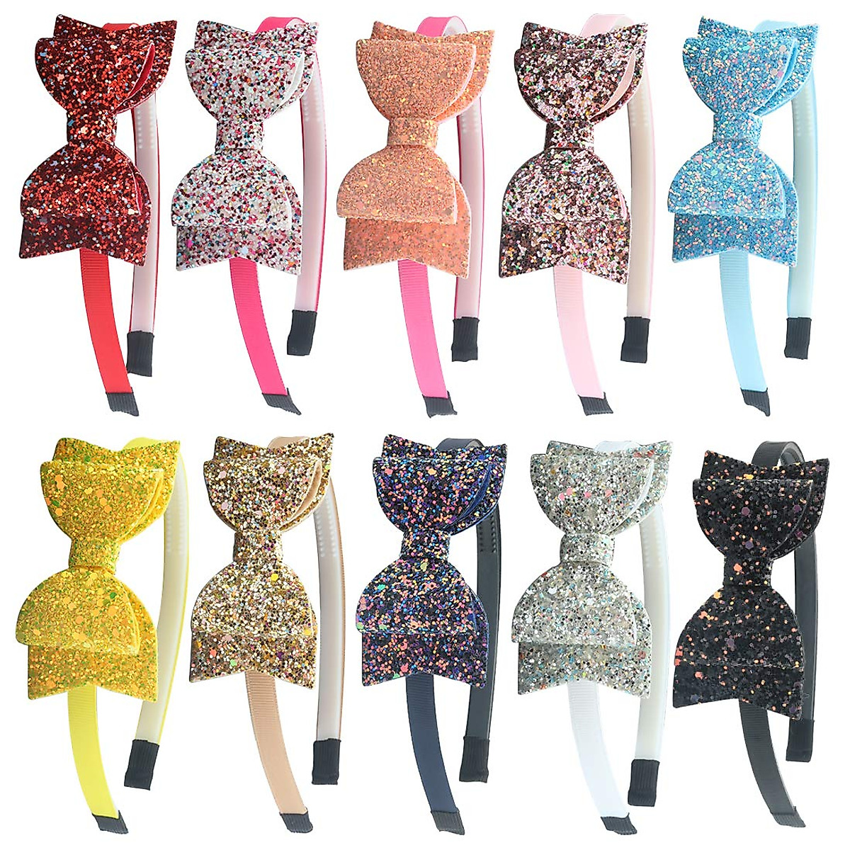 XIMA 10pcs Glitter Sequin Bow Hairband Shiny Bow Knot Teeth Plastic Headbands for Kids Hair Accessories