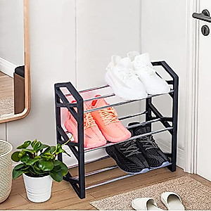 NiHome 3-Tier Shoe Rack Multifunctional Sturdy Steel Organizer Compact Small Size Lightweight 6 Pairs Footwear Freestanding Shelf for Closet Hallway Entryway Living Room Bedroom X Shape Frames (Black)