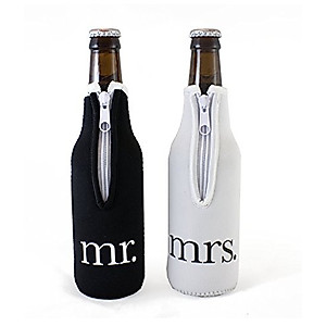Bridal Shower Gift Mr and Mrs Wedding Beer Bottle Coolies - (Black and White) Set of 2