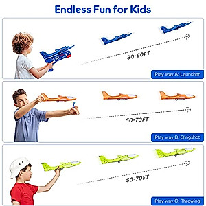 Lydaz 3 Pack Airplane Launcher Toys, 2 Flight Modes LED Slingshot Foam Airplanes for Kids with 3 DIY Stickers, Outdoor Sport Flying Toys Birthday Gifts for Boys Girls Age 3 4 5 6 7 8 10-12 Years Old