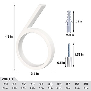 White Mailbox Numbers for Outside - 5 Inch Modern Floating House Numbers for Outside, Creats Attractive Interesting Shadows, High Gloss Number 6