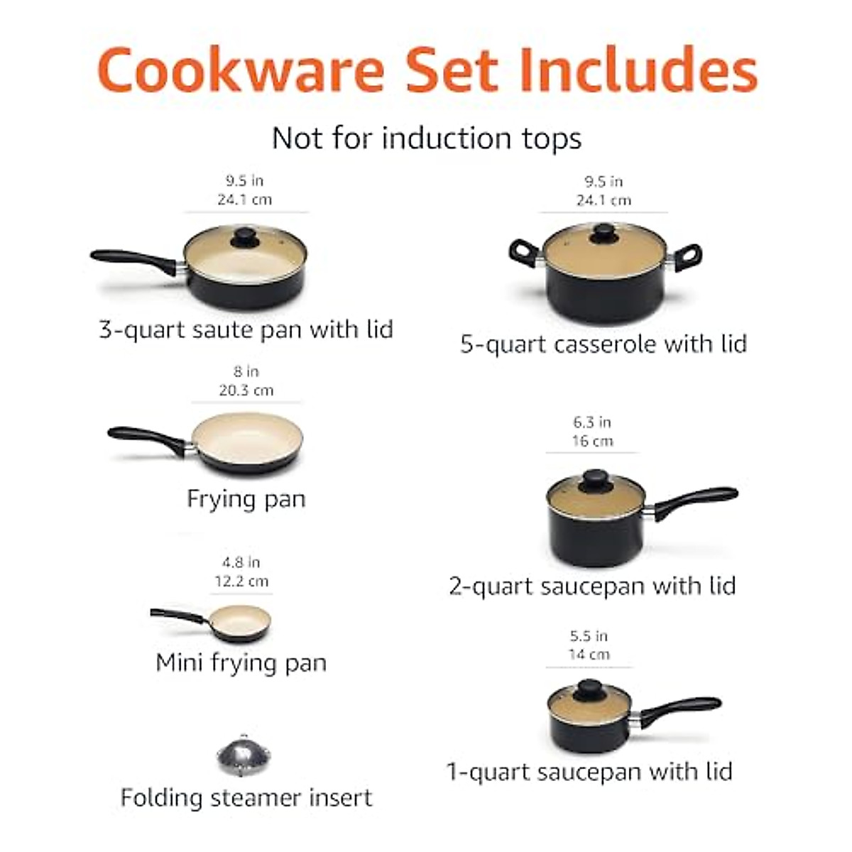 Amazon Basics 11-Piece Ceramic Non-Stick Pots and Pans Set, Dishwasher & Oven Safe, Non-Toxic, Easy Clean, Black/Cream