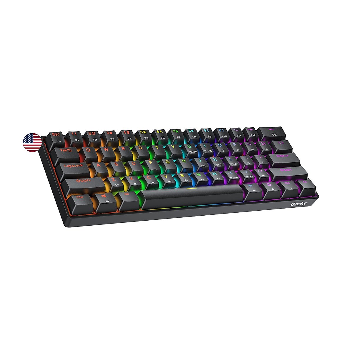 Geeky GK61 SE 60% | Mechanical Gaming Keyboard | 61 Keys Multi Color RGB LED Backlit for PC/Mac Gamer | ANSI US American Layout (Black, Mechanical Brown)