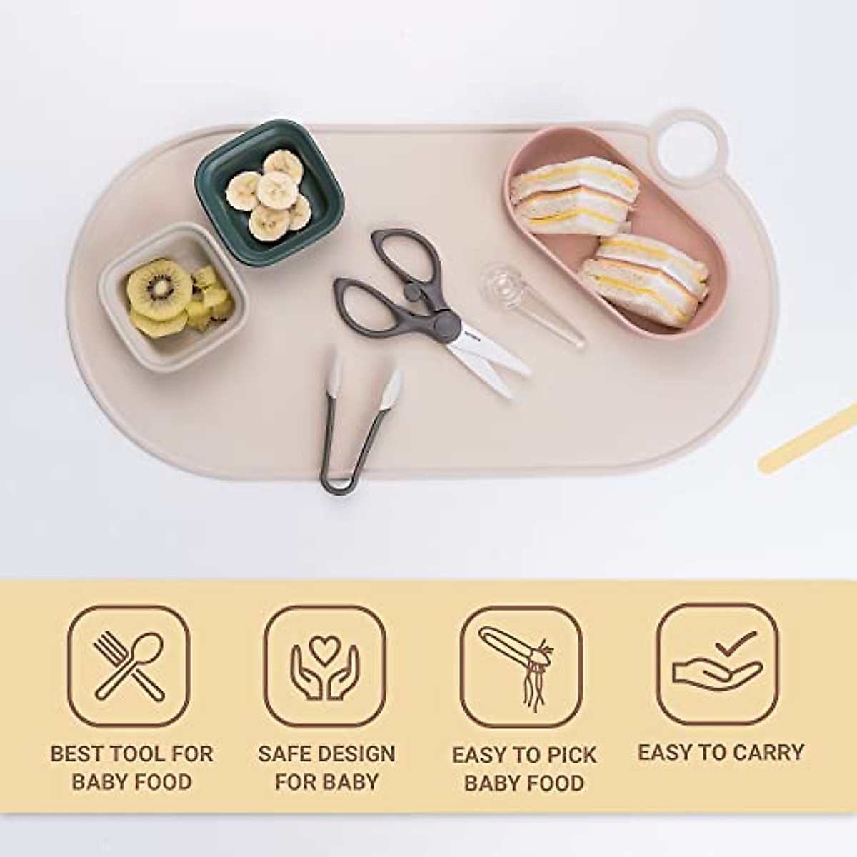 MOTHER-K Portable Ceramic Scissors with Tong Set, Ceramic Scissors for Baby Food with Protective Blade Cover and Portable Case, Safety Lock (GREY)