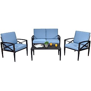 Tangkula 4PCS Outdoor Aluminum Patio Conversation Set, Patio Sofa Set 1 Loveseat, 2 Single Sofas, 1 Coffee Table, Outdoor Furniture Set w/Padded Cushions for Garden, Yard, Pool, Backyard (1, Blue)