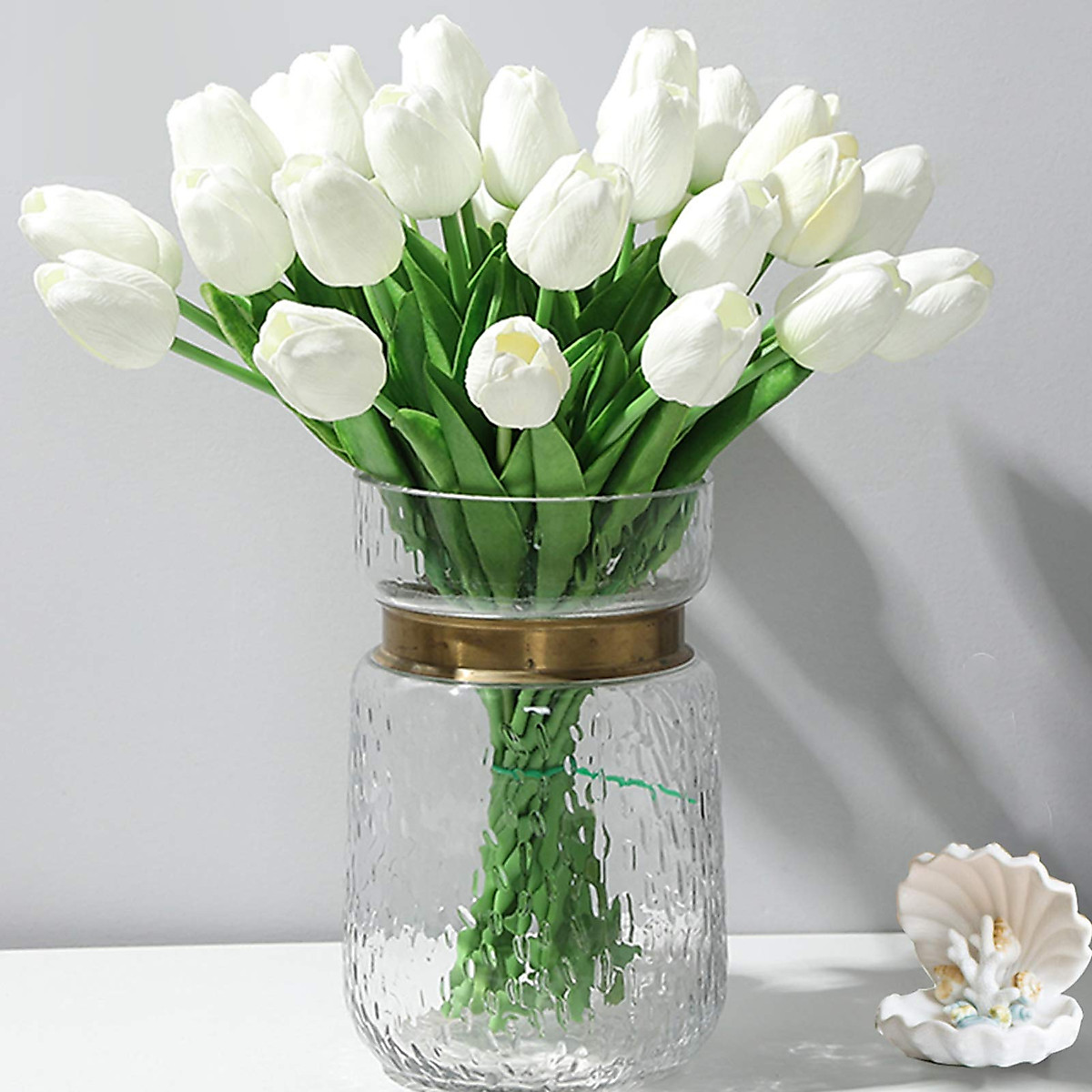 KOILLUXU Artificial Flowers 30pcs Bouquet 14" Tall Real Touch Tulips, White PU Fake Tulips Flowers for Arrangement Wedding Party or Easter Spring Home Centerpiece Dining Room Office Table Decoration