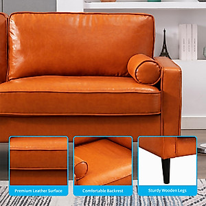 Mjkone 76" Upholstered 3 Seats Sofa, Cognac PU Leather 3-Seater Sofa Chair with Bolster Cushions, Faux Leather Brown Room Furniture, Modern Sectional Sofa Couch for Home Living Room/Apartment/Office