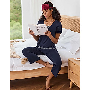 Ekouaer Capri Pajama Sets for Women Capri Pants with Short Tops Sleepwear Ladies Sleep Sets Short Sleeve Pjs Sets Soft Two Piece Loungewear Sets Navy Blue