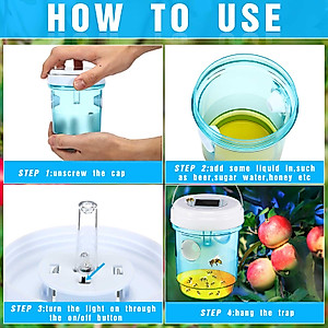 2 Pack Wasp Traps Outdoor Hanging Fly Traps with UV LED Light Solar Powered Hornet Trap Non-Toxic Reusable Hornet Traps Wasp Killer for Indoor Outdoor Patio Garden Home (Blue)