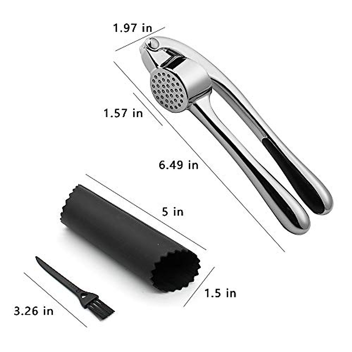 Garlic Press, Stainless Steel Garlic Press Tool with Cleaning Brush and Silicone Garlic Peeler 3 Pcs By Lechay