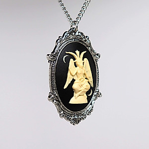Real Metal Sitting Satanic Baphomet Cameo In Silver Finish Frame Necklace Pendant Ivory on Black
