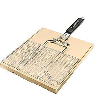 Yeeteching Grill Basket, Non Stick Portable 430 Grade Stainless Steel with Removable Wooden Handle for Fish, Steak, Meat, Vegetables, Grill Basket for Outdoor BBQs, Kitchen & Camping