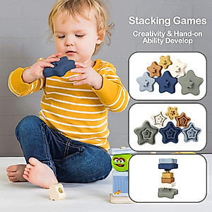 TYRY.HU Baby Stacking Toys - Silicone Rings - Teething Teether Toys - Building Blocks Tower for Boys Girls 6+ Months Early Educational Learning, Set of 6 PCS, Star Shape