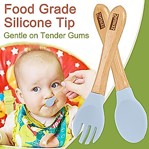 6PCS Bamboo Baby Feeding Set, Baby Suction Bowl & Plate with Silicone Spoons & Forks, Wooden Feeding Supplies for Infant & Toddlers, Baby Led Weaning Supplies Non Slip & BPA Free (Powder Blue)