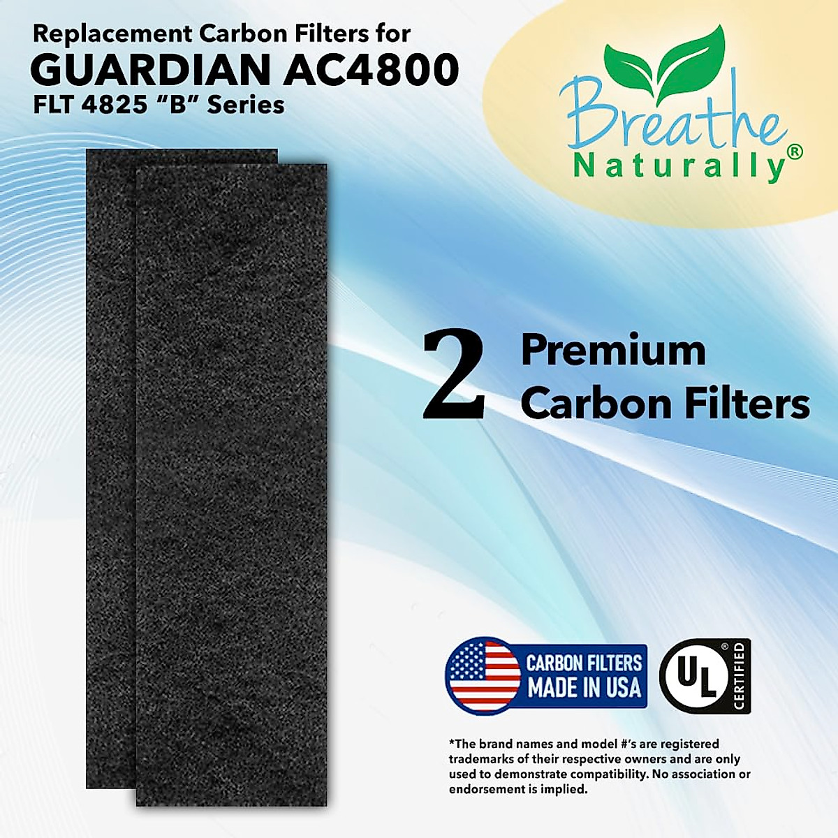 Breathe Naturally - Extra Thick Carbon Prefilter B Compatible with GGuardian FLT4825 Purifiers AC4800 Series - Measured Exactly to Fit GGuardian FLT4825 Series - Made in USA(2 pack Carbon Pre-filters)