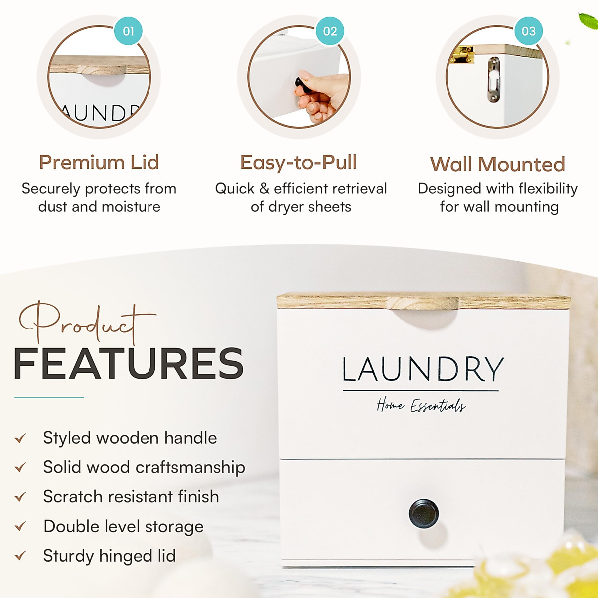 Modern Laundry Pods Container | Large Laundry Dryer Sheet Holder with Premium Sealed Lid | Wall Mount Lint Bin | Wood Dryer Sheets Holder | Laundry Sheets Holder | Dryer Sheet Dispenser