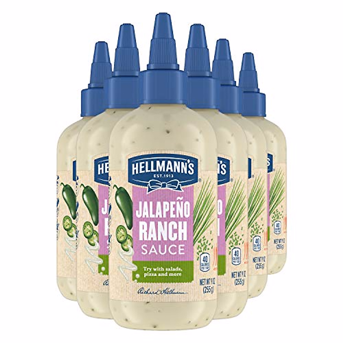Hellmann's Dressing and Dip 6 count For Burgers, Sandwiches, and more Jalapeno Ranch Drizzle Sauce Squeeze Bottle 9 OZ