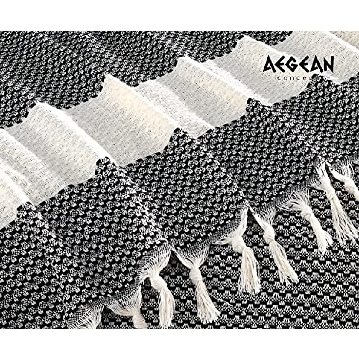 Aegean Concept - 100% Organic Cotton Turkish Throw Blanket ; 90" x 63" (230 cm x 160 cm) Twin Size Modern Boho Rustic Bedspread for Chair, Bed or Couch | Indoor or Outdoor Cozy Hand Woven-Black