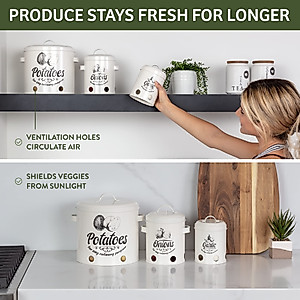 Prosper Culinary Potato and Onion Storage Bin with Garlic Holder - 3 Containers - Farmhouse Kitchen Countertop Canister - Vegetable Keeper for Potatoes, Onions, Garlic