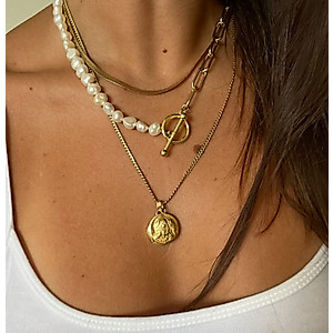 Cowlyn Paper Clip Pearl Necklace Vintage Chunky Link Chain Baroque Cultured Pearls 18K Gold Choker Fashion Retro Charm Valentine Jewelry for Women