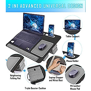 Lap Laptop Desk-Fits Up 17In Foldable Laptop Bed Tray Table with Adjustable Dual Cushion,Wrist Rest & Mouse Pad,Portable Wood Laptop Stand for Sofa Bed,Multifunctional Slot for Tablet & Phone (Black)