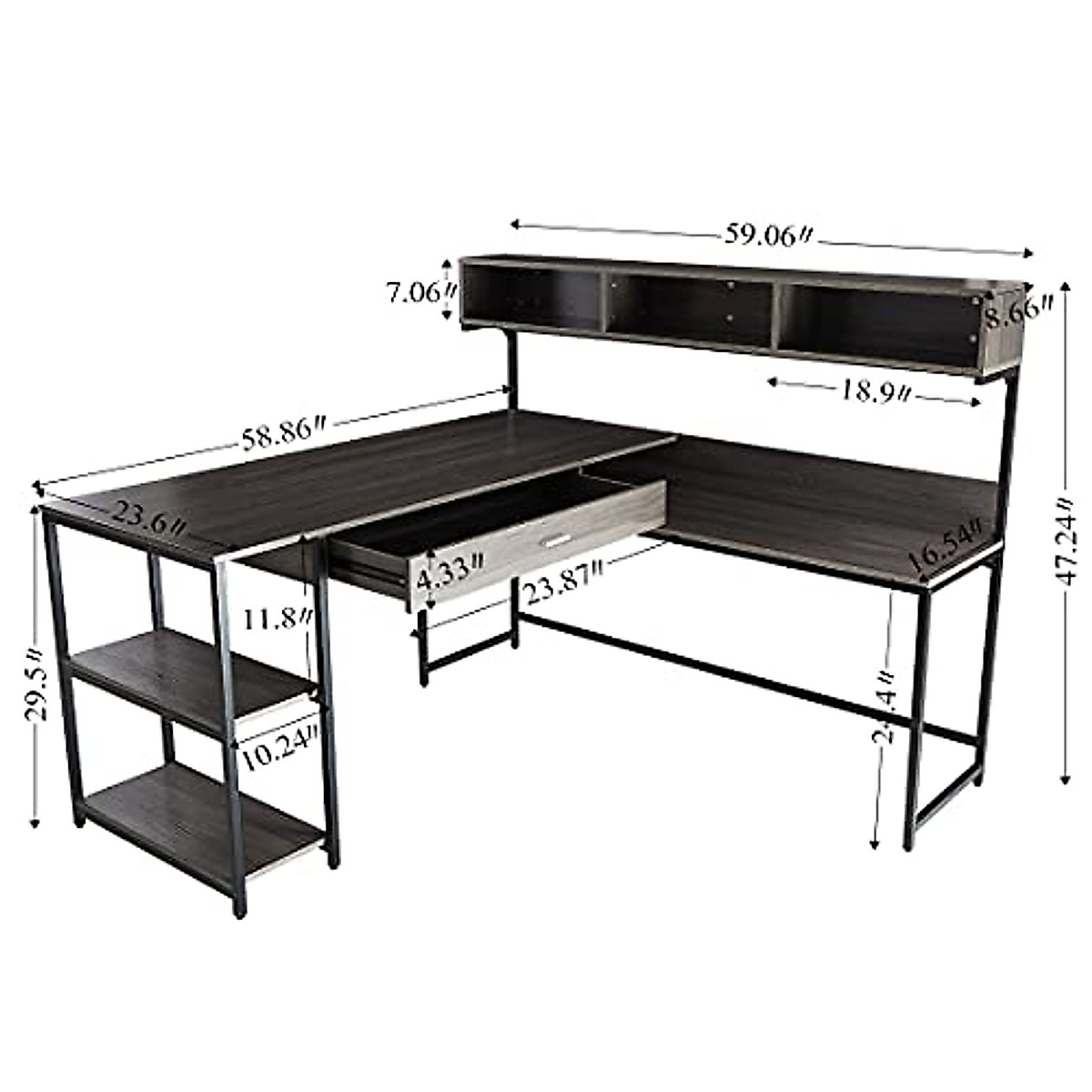 HEAO L-Shaped Corner Desk with Multiple Shelves and Drawer Space-Saving Computer Home & Office Desk (Dark Grey)
