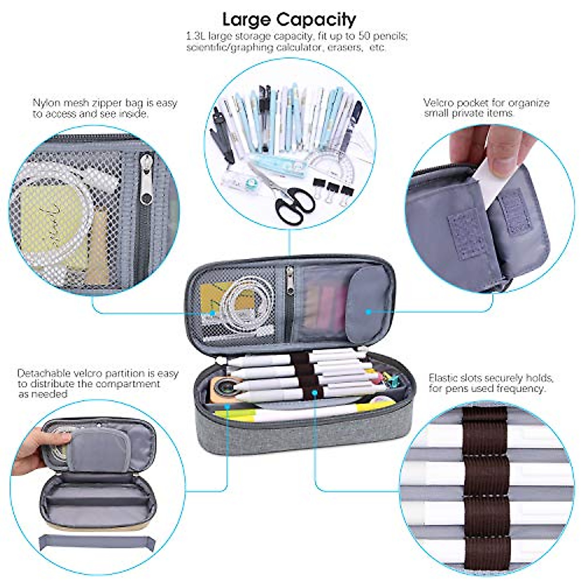 Aiscool Big Capacity Pencil Case Holder Canvas Bag Pen Organizer Pouch Stationery Box Oxford Cloth Large Storage for School Supplies School Office Stuff (Gray) 8.5 x 4 x 2.4 inches