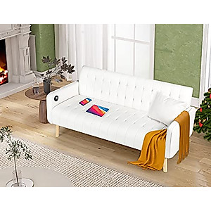 TYBOATLE 57“ W Mid-Century Striped PU Leather Loveseat Sofa w/ 2 USB Charging Ports, Modern Love Seats Couch w/Pillow for Small Space, Living Room, Office, Apartment, Dorm (White)
