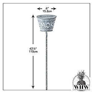 Outdoor Smoke Ashtray, Lidded Bucket on Stake with Prong Post, Garden Party Style, Gray Lacquered Iron, Rustic and Weathered Patina, 6 D x 43 1/4 H Inches