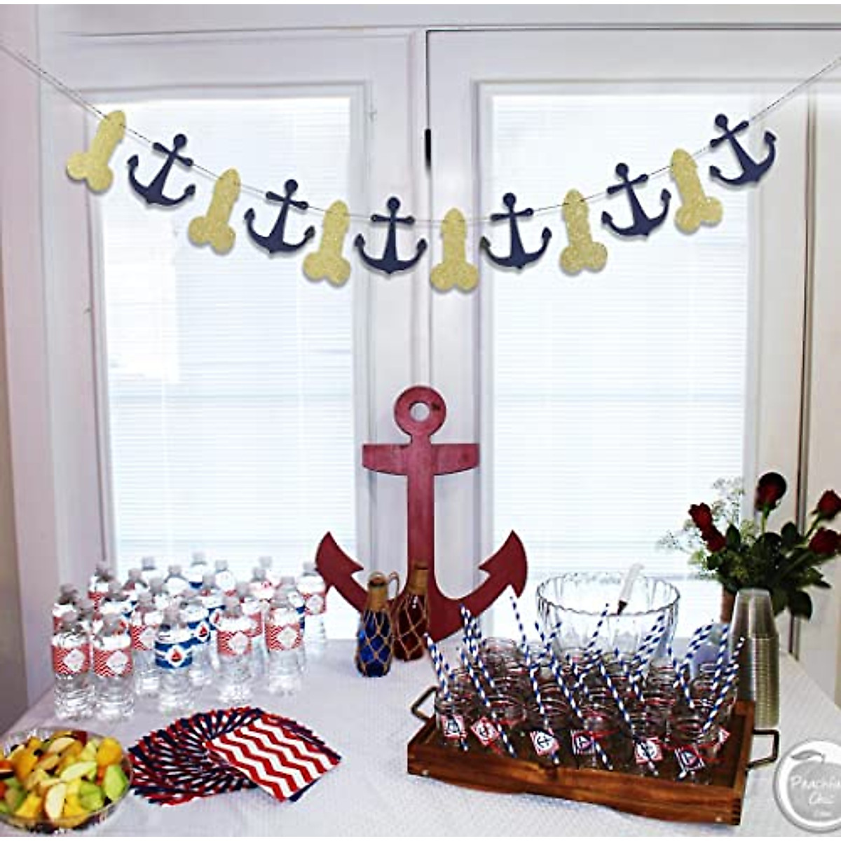 Glitter Gold and Navy Blue Anchors - Lake House Bachelorette, Nautical Bachelorette Party Decorations, Blue Anchors and Gold Cardboard Wreath for a Nautical Themed Party