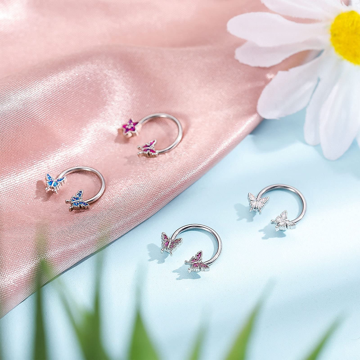 Hicarer 4 Pieces Septum Ring Horseshoe Hoop Ring 16g Butterfly Nose Rings Earring Cartilage Earring Hoop Captive Bead Rings Tragus Daith Helix Piercing Body Jewelry for Women Man