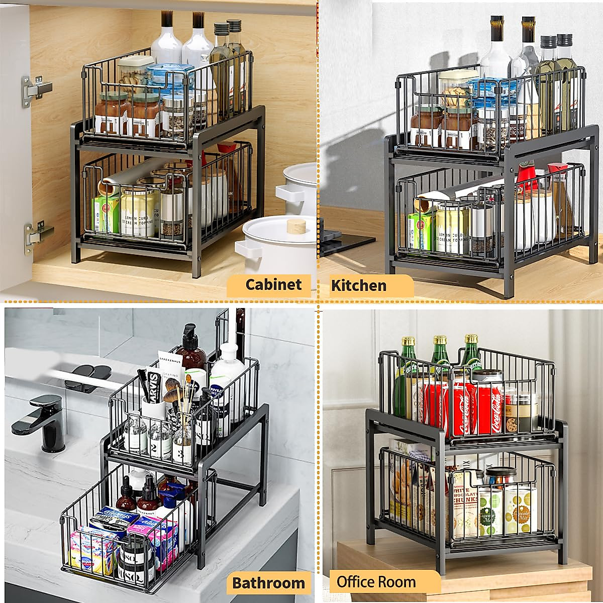 2-Tie Under Sink Cabinets Organizer with Sliding Storage Drawer, Pull Out Cabinets Organizer Shelf, Sliding Kitchen Countertop Storage Basket (black)