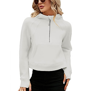 Micoson Half Zip Hoodies Women Long Sleeve Crop Workout Sweatshirt Oversized Sherpa Fleece Pullover Thumb Hole (White,L)