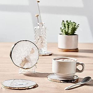 White Agate Coasters for Drinks, Crystal Coasters with Gold Edge 3.5 - 4", Geode Coaster Set of 4, Gemstone Natural Stone Coasters for Coffee Table, White Agate Slices Cup Mat for Home Decor
