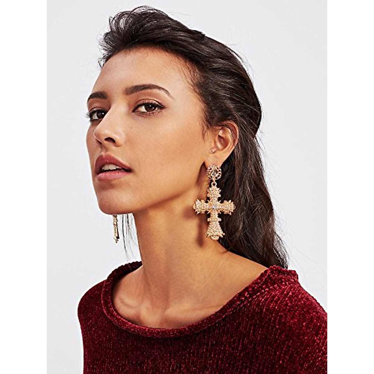 Cross Earrings,Gold Big Baroque Drop Earrings,Rhinestone Large Cross Earrings,Retro Court Earrings for Women Halloween Boho Gifts