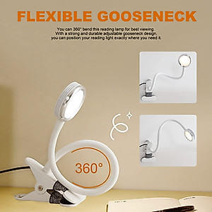 Clip on Desk Lamp for Home Office,Aluminum Reading Light for Books in Bed,Dimmable 360° Adjustable Gooseneck Small Desk Lamp,White USB Powered Eye Friendly Clamp Night Light