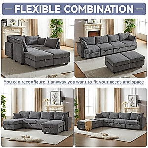 6 Seater Oversized Free Combination Convertible Modular Sectional Sofa, U / L Shaped Extra Large Corduroy Reversible Sleeper Corner Couch with Storage and Movable Ottomans for Living Room Apartment