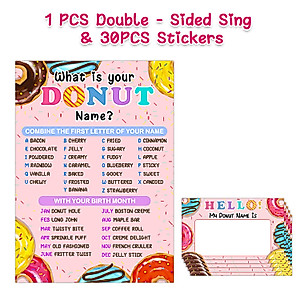 What is Your Donut Name Game, Game Sign and 30 Cards, Donut Birthday Party Sign for Girls, Holiday Activity, Wedding, Anniversary, Kids Donut Activity Cards