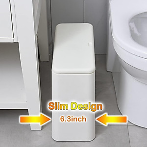 Modern Wastebasket Thin Trash Can,Small Rectangular Dog Proof Plastic Trash Bin,3.2 Gallon/12 Liter Slim Plastic Trash Can Wastebasket with Press Type Lid, White