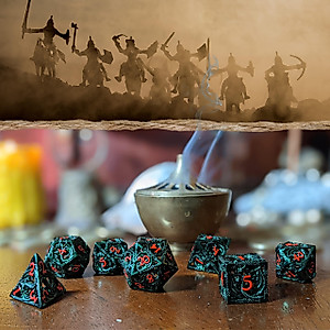 FOXBITE Green Hollow metal 7 Pcs Metal Dice Set D&D Dice Set, Polyhedral Dice Set for Dungeons and Dragons Dice, Blood Spattered Role Playing Dice Set, D+D RPG D and D Dice D20 D12(Rogue)