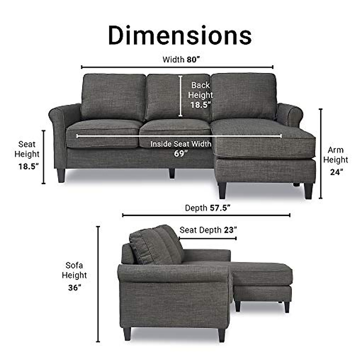 Serta Harmon Reversible Sectional Sofa, Modern L-Shaped Couch for Small Spaces, Soft Fabric Upholstery, Rolled Arm, Dark Gray