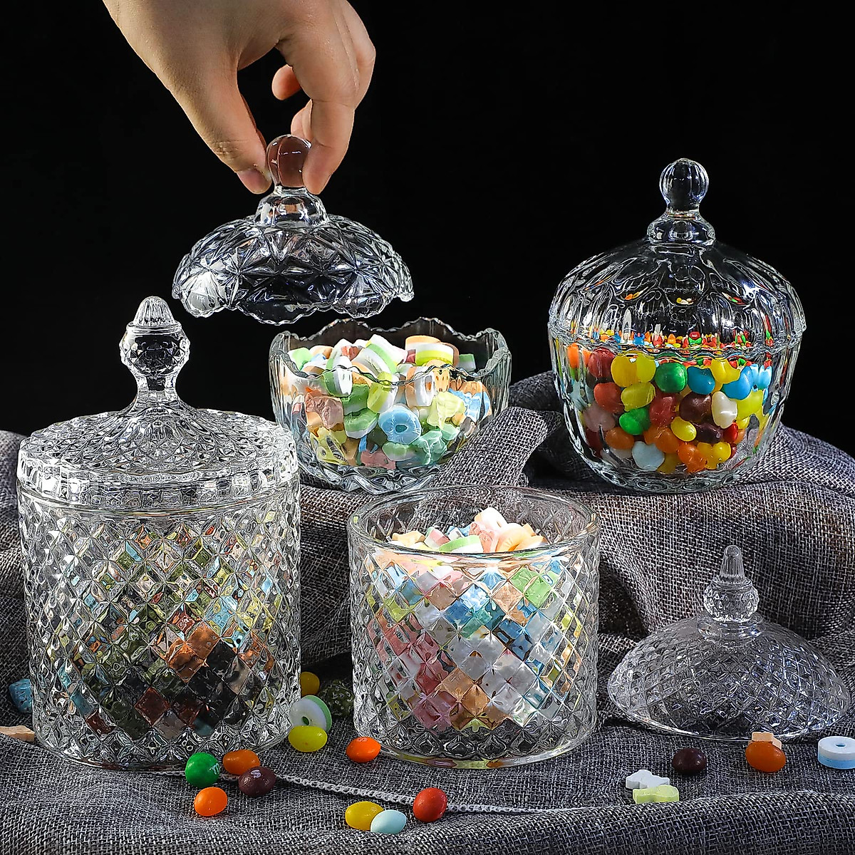 INFTYLE Glass Candy Dish with Lid Set of 4 Crystal Glass Candy Jar Jewelry Box Dappen Dish Cookie Jar for decorative storage gift idea