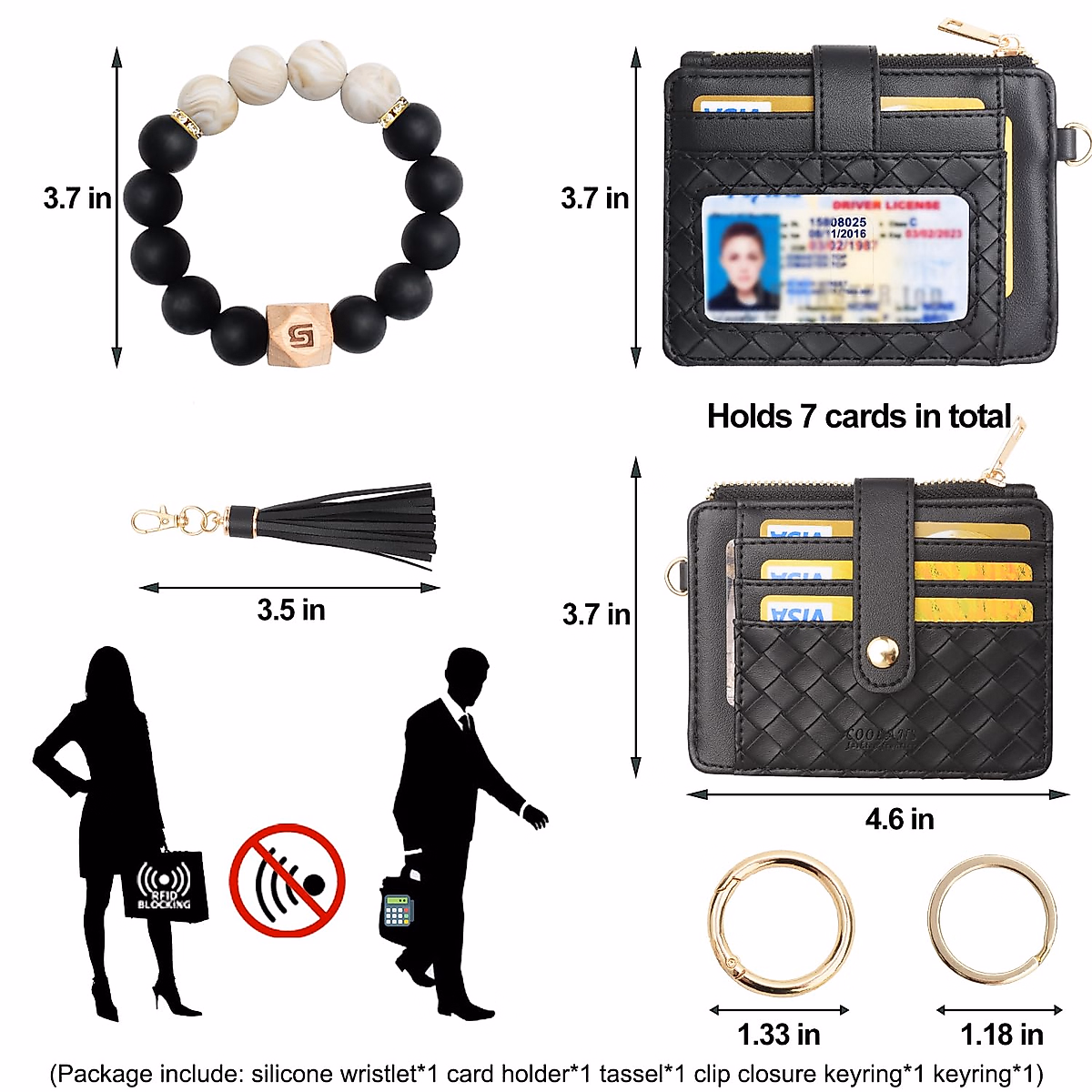 COOLANS Wristlet Bracelet Keychain Pocket Credit Card Holder Purse Tassel Keychain Bangle Key Ring for Women (Silicone Bead Bracelet+Card Purse (Black))